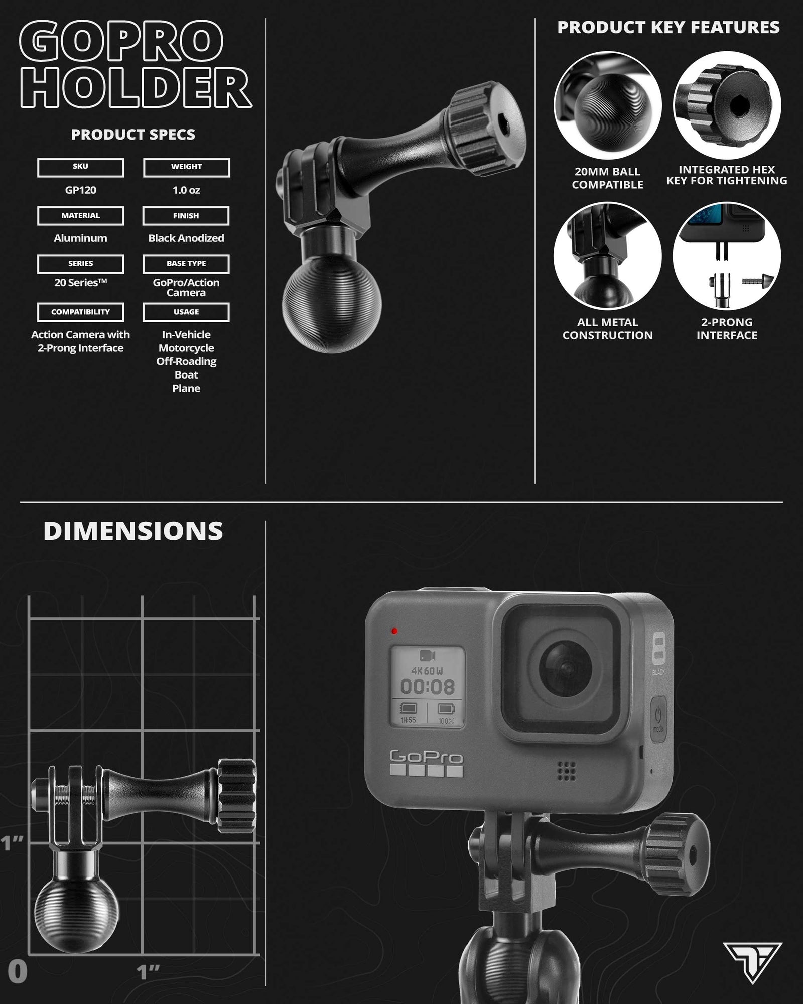 Action Camera Mount for GoPro and More | 20mm Ball | 20 Series – Tackform