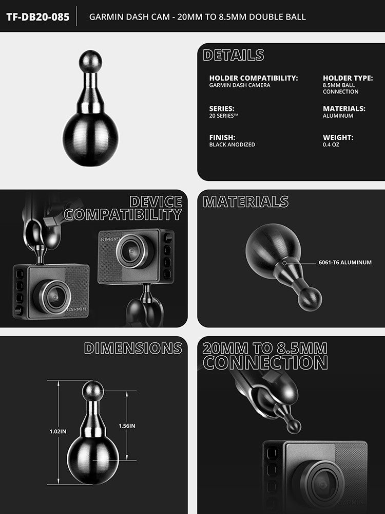 8.5mm to 20mm Double Ball Adapter | For Garmin Dash Cam | 20 Series ...